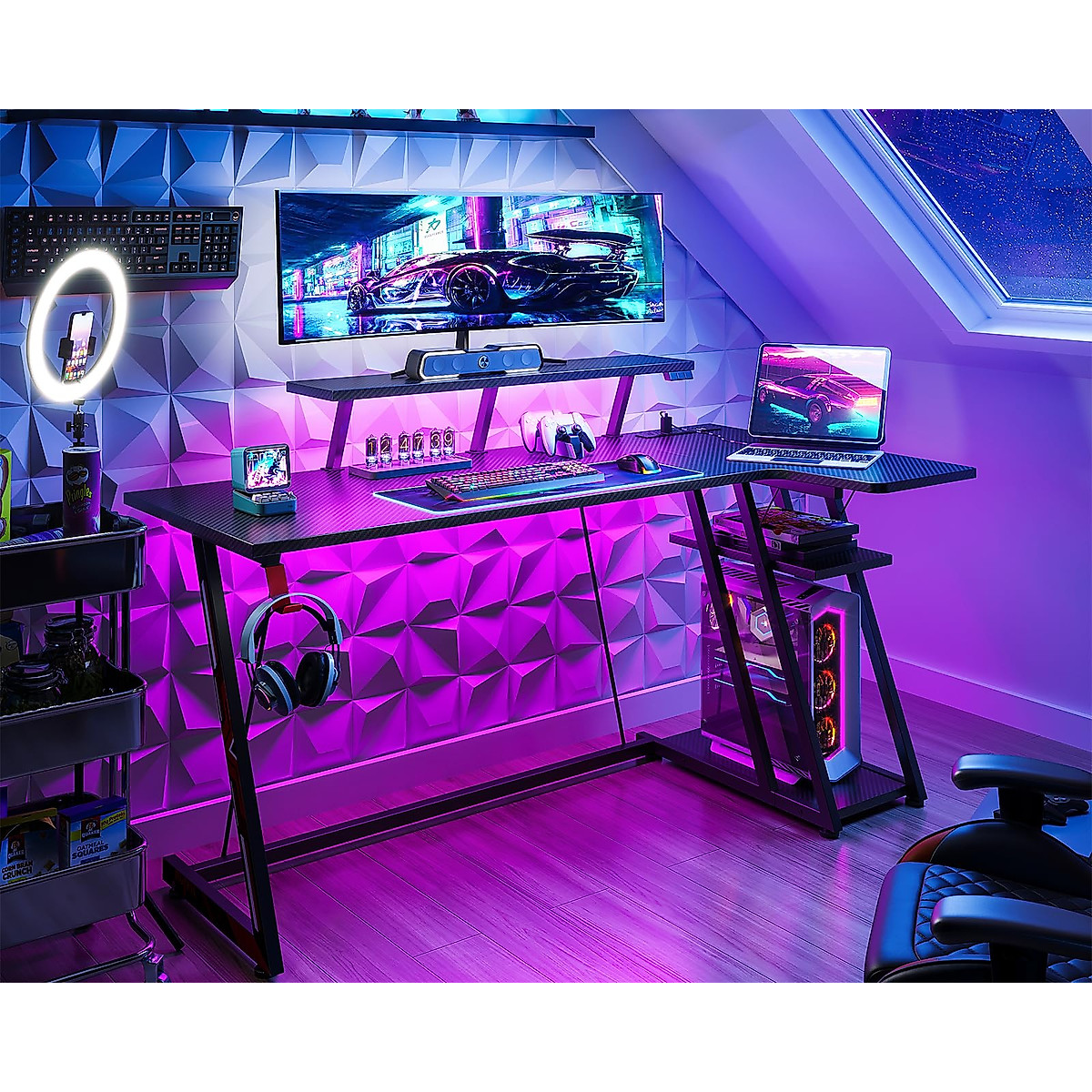 MOTPK White Gaming Desk L Shaped with LED Lights, Corner Gaming Computer Desk 55inch with Power Outlets, Gaming Table with PC Storage Shelf, Gamer Desk with Monitor Shelf