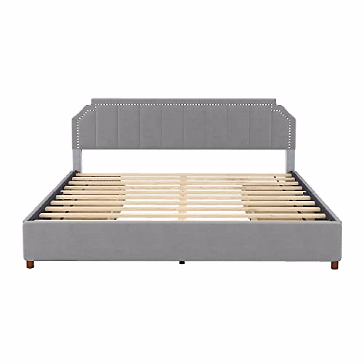 DEYOBED King Size Upholstered Platform Bed with Headboard, 4 Storage Drawers, and Support Legs, Bed Frame Perfect for Spacious Bedrooms - Sleek Grey Elegance