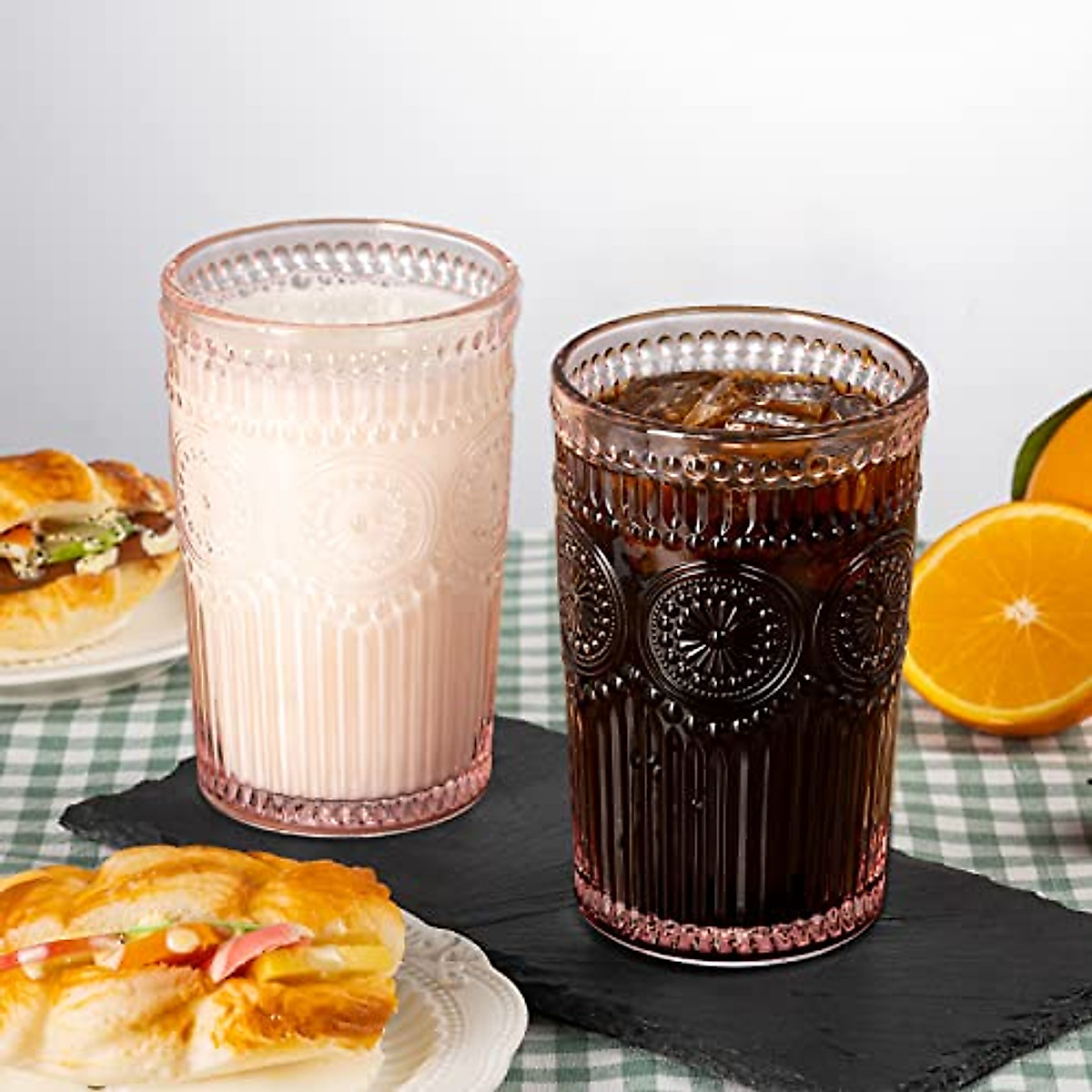 Vintage Glassware Romantic Drinking Glasses - 12 OZ Pink Glassware Embossed Glasses Drinking Set of 6 - Perfect Glass cups for Coffee, Cocktails, and Beverages, Dishwasher Safe, Ideal for Gifting