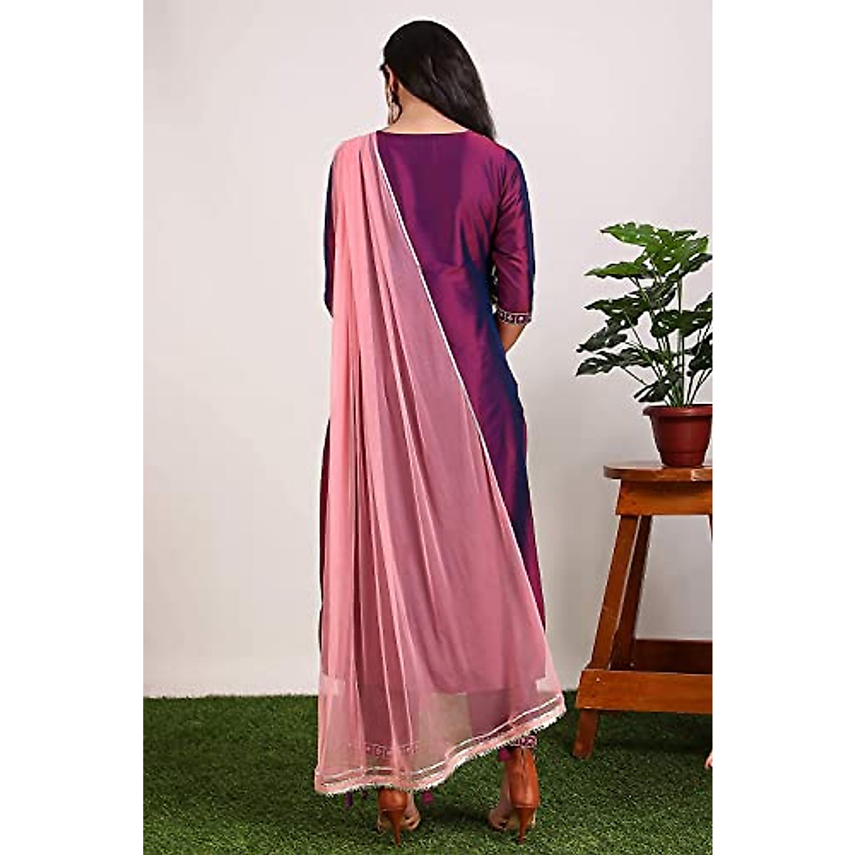 DREAMANGEL FASHION Womens Art Silk Embroidered Kurta Trouser and Dupatta (X-Large, DarkPurple)