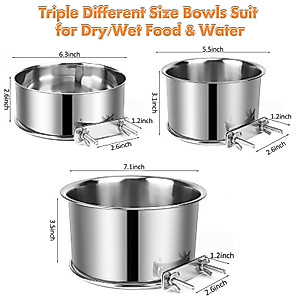 Dog Crate Water Bowl, 3 pcs Stainless Steel Dog Bowls, Durable Anti-Spill Pet Metal Bowl for Cage Kennel Crate, Hanging Water/Food Bowl for Medium & Large Dogs (7.1x3.5'' & 6.3x2.6'' & 5.5x3.1'')