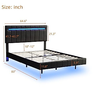 anwickjeff Queen Size Floating Bed Frame with LED Lights and USB Charging,Modern Queen Upholstered Platform LED Bed Frame with Headboard, Low Profile Platform Bed for Bedroom, (Black, Queen)