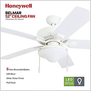Honeywell Ceiling Fans Belmar 52 Inch Ceiling Fan With Light, Indoor/Outdoor Ceiling Fan with Pull Chain, LED Tri-Mount 5 Blade Design, ETL Damp Rated, White (50513-01)