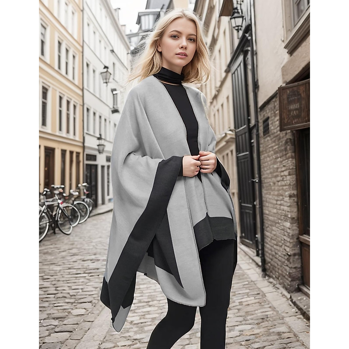 OWIF Women's Shawl Wraps Open Front Poncho Cape Oversized Sweaters Casual Cardigan Shawls for Fall Winter, Border Design-01-Black Gray