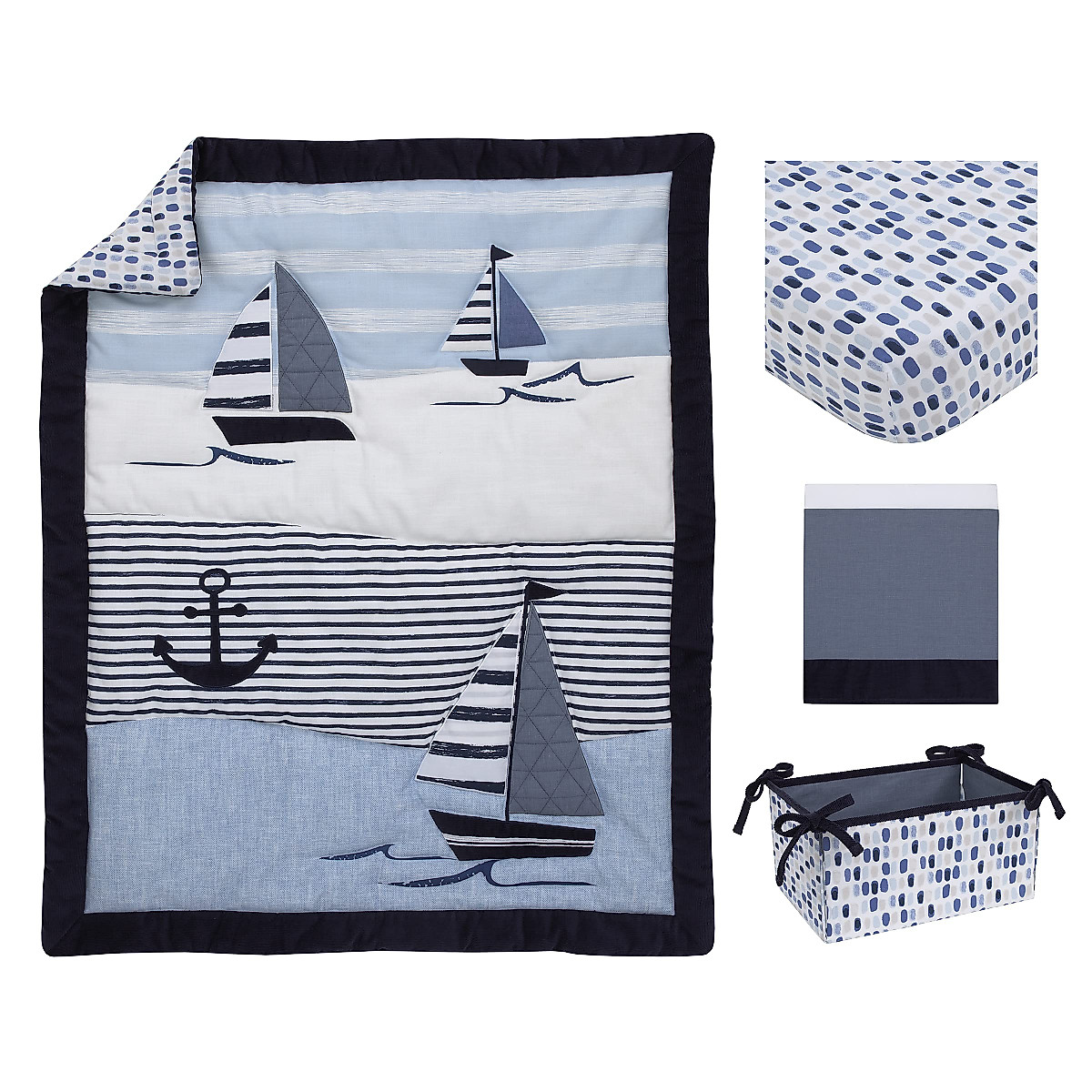 Nautica Nautical Adventure Blue & White Sailboat, Anchor, Waves, & Stripes 4Piece Nursery Crib Bedding Set - Comforter, 100% Cotton Fitted Crib Sheet, Crib Skirt, & Storage, Navy, Light Blue, White,