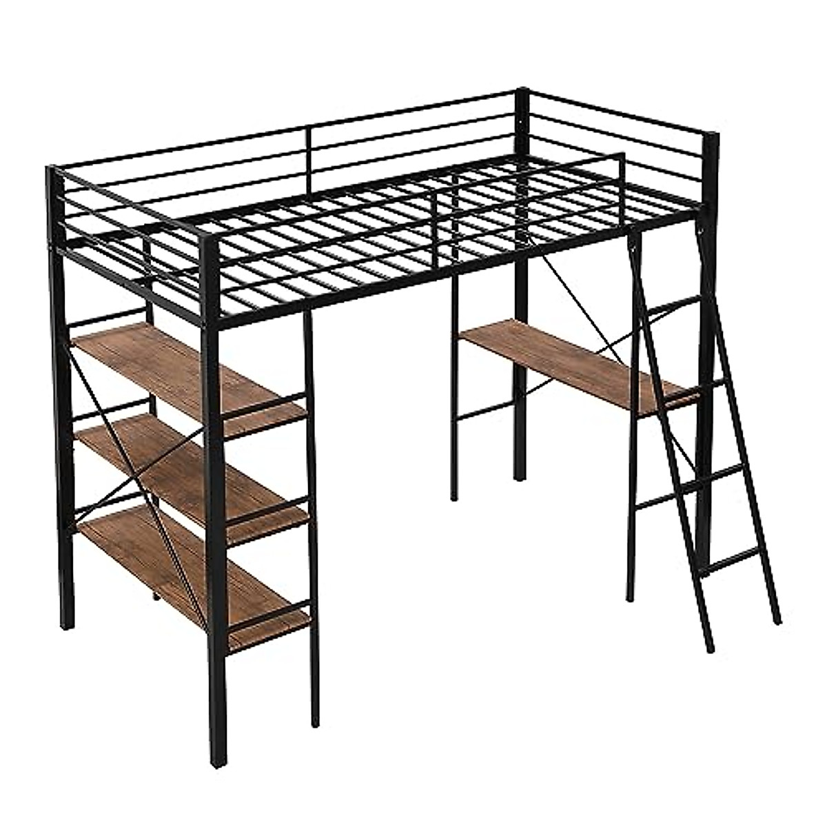 Metal Loft Bed Twin Size, Twin Loft Bed with Desk and 3-Tier Storage Shelves, Twin Loft Bed with Ladder and Full-Length Guardrail, Twin Size Loft Bed for Kids, Teens, Adults, Black Loft Bed with Desk