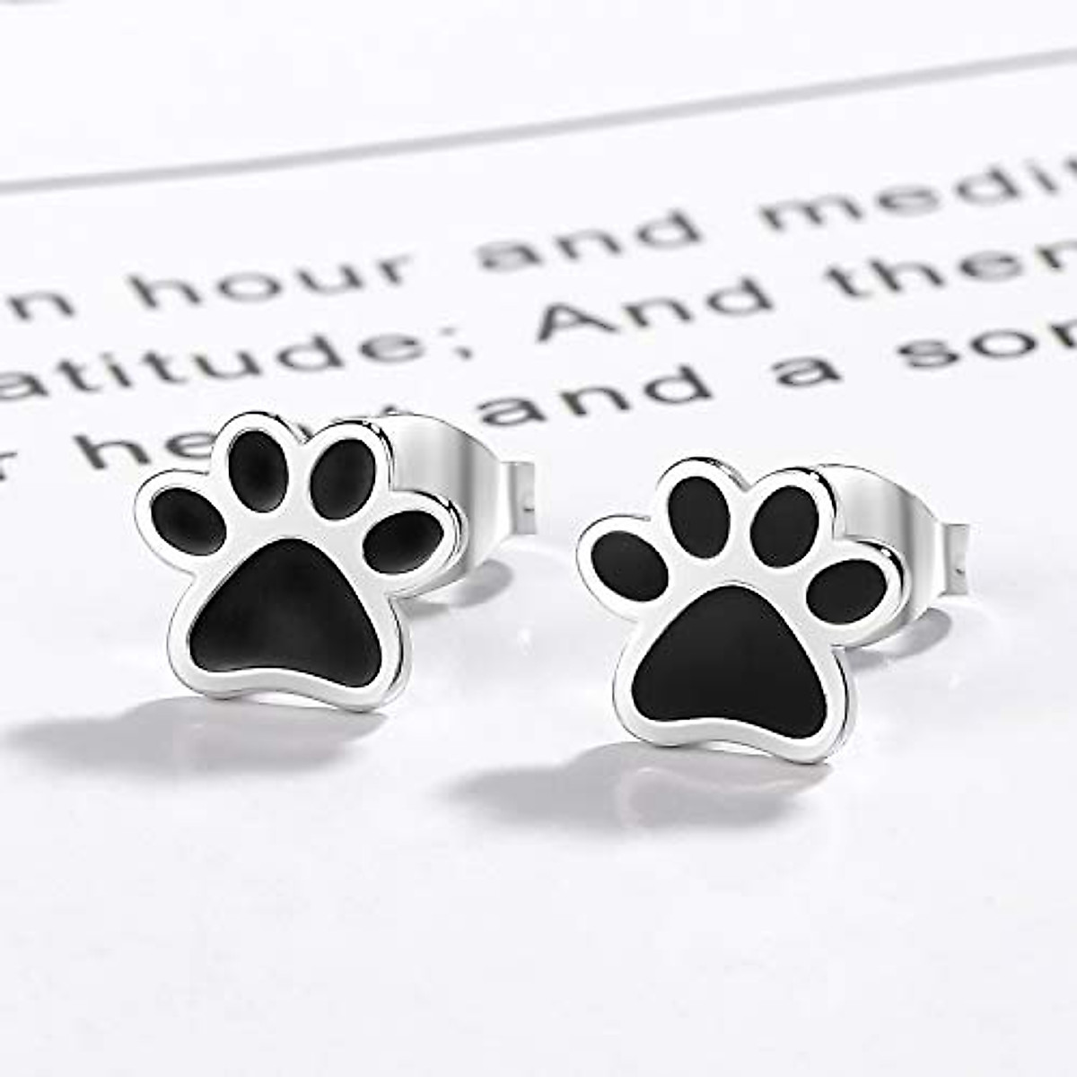 925 Sterling Silver Paw Earrings for Women - Cute Tiny Jewelry Black Enamel Puppy Dog and Cat Paw Print Stud Earrings for Pet Lovers