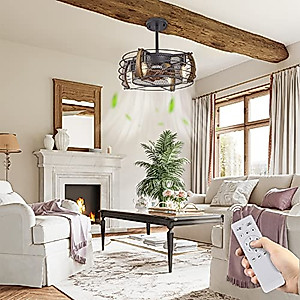 SADENICEL Farmhouse Caged Fan with Lights Remote Control, 17 Inch Low Profile Bedroom Fans, Rustic Ceiling Fans for Kitchen, Dining Room (Antique Wood-E)