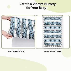Tribal Themed Fitted Mini Crib Sheets,Portable Mini Crib Sheets Ultra Soft Material-Crib Mattress Sheet or Toddler Bed Sheet,24“ x38“,Sea Blue Charcoal Grey White