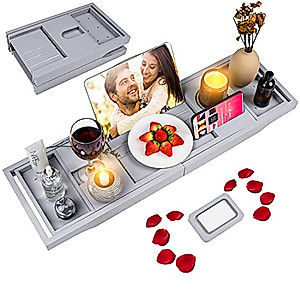 Foldable Bathtub Caddy Tray, Bamboo Bath Tub Tray Table for Tub with Wine Glass Holder Book Phone Tablet Holder with Extending Sides, Adjustable Bathroom Bathtub Free Soap Holder Gift Idea (Grey)