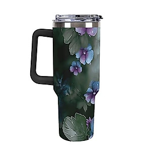 40 Oz Tumbler with Handle Blue Purple Flowers And Green Leaves Stainless Steel Coffee Mug Reusable Travel Mug Leak-proof Insulated Car Cup Large Capacity Tumbler for Travel, Outdoor, Home Use (Black)