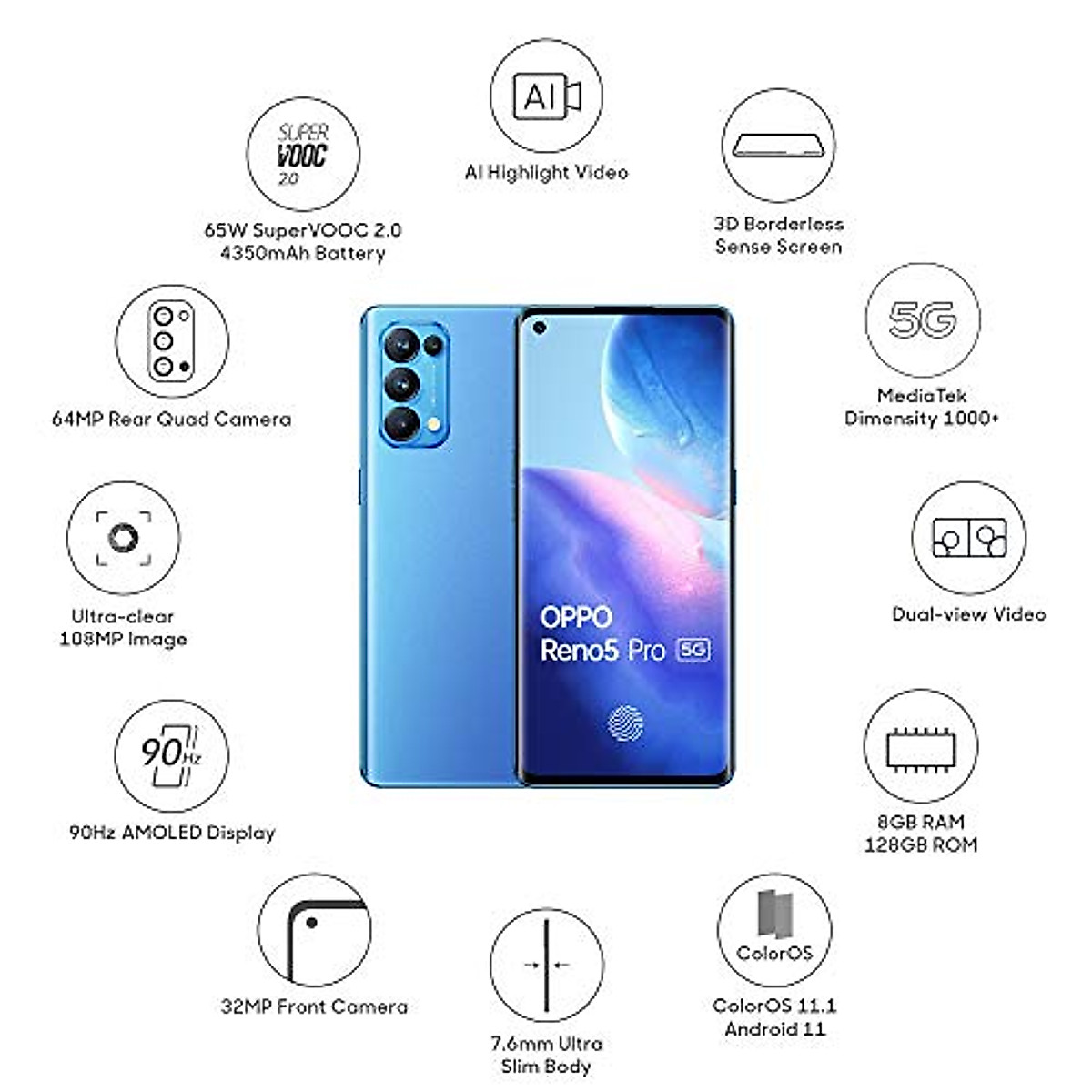 OPPO Reno5 Pro 5G Dual-SIM 128GB ROM + 8GB RAM (GSM only | No CDMA) Factory Unlocked 5G Smartphone (Astral Blue) - International Version
