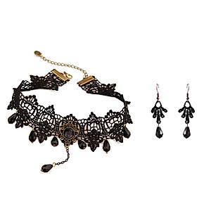 Charm.L Grace Black Lace Gothic Lolita Pendant Choker Necklace Earrings Set