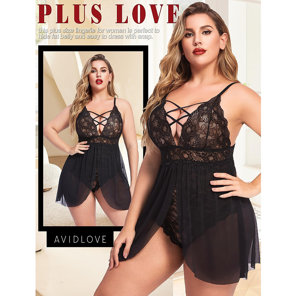 Avidlove Plus Size Babydoll for Women Sexy Lace Lingerie Set Mesh Chemise Sleepwear (Black, Large)