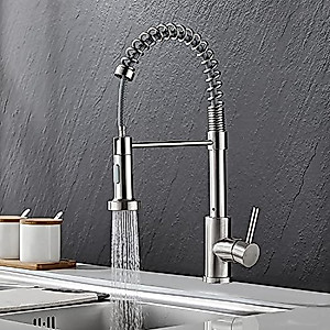 KSUCBOHAR Brushed Kitchen Faucet with Pull Down Sprayer, Solid Brass Single Handle High Arc Spring Pull Down Kitchen Sink Faucet Without Bottom Plate, Brushed