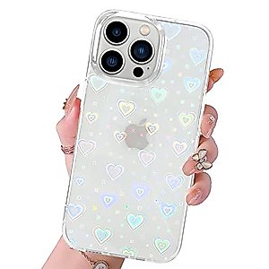 LSL Compatible with iPhone 14 Pro Max Case Clear Cute Holographic Heart Case for Women Girls Aesthetic Glitter Bling Rainbow Love Heart Cover Designed for iPhone 14 Pro Max 6.7 Inch 2022