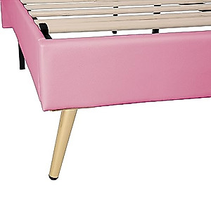 Linique Queen Size Upholstered Bed Frame with LED Lights, Modern Upholstered Princess Bed with Crown Headboard, White+Pink