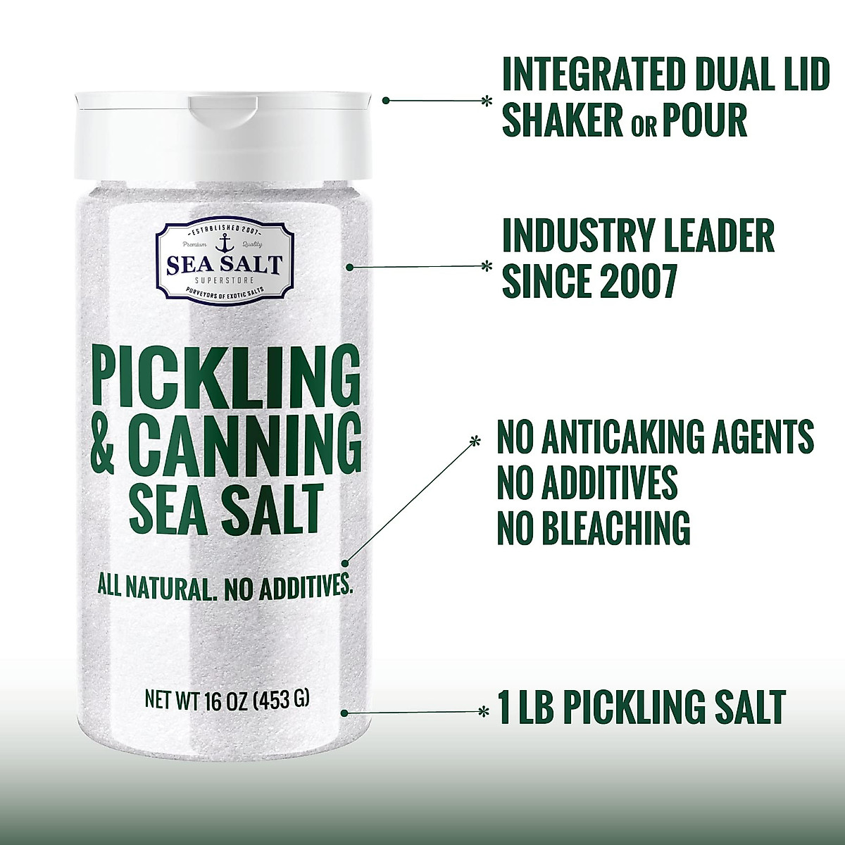 Pickling and Canning Salt, Curing Salt for Natural Preserving, Non-Iodized and Kosher Fine Brining Sea Salt, 1lb Shaker - Sea Salt Superstore