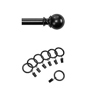 Amazon Basics 1" Curtain Rod with Round Finials, 36" to 72" and Amazon Basics 1" Curtain Clip Ring, Set of 7, Black