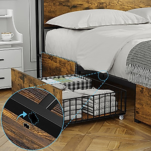 furomate Bed Frame Queen Size Metal Bed Frame with Storage Headboard and 4-Drawers, Platform Bed Frame with LED Light & Charging Station, No Box Spring Needed, Rustic Brown