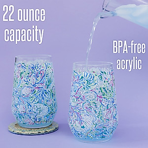 Lilly Pulitzer Stemless Wine Glass Set of 2, Large Acrylic Wine Glasses, 22 Ounce Plastic Cocktail Cups for Indoor/Outdoor, Soleil It On Me