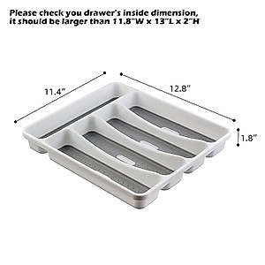 LeMuna Silverware Tray for Drawer, Plastic Cutlery Tray Kitchen Drawer Organizer, 5 Compartment Flatware Cutlery Organizer, Soft-Grip Lining and Non-Slip Rubber Feet