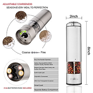 Electric Salt and Pepper Grinder Set-Battery Operated Stainless Steel Mill (2)with led light -Automatic one-handed operation shaker - Acacia Wood base Ceramic Grinders with stand-Batteries INCLUDED