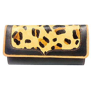 Leather Book® LW-1802 TAJ Leopard Ladies Wallet|11 card slots|1 card window|4 slide pockets|1 zip compartment pocket| 1 back silver metal zip pocket | Black, Tan Cowhide & Jersey leopard Print Leather