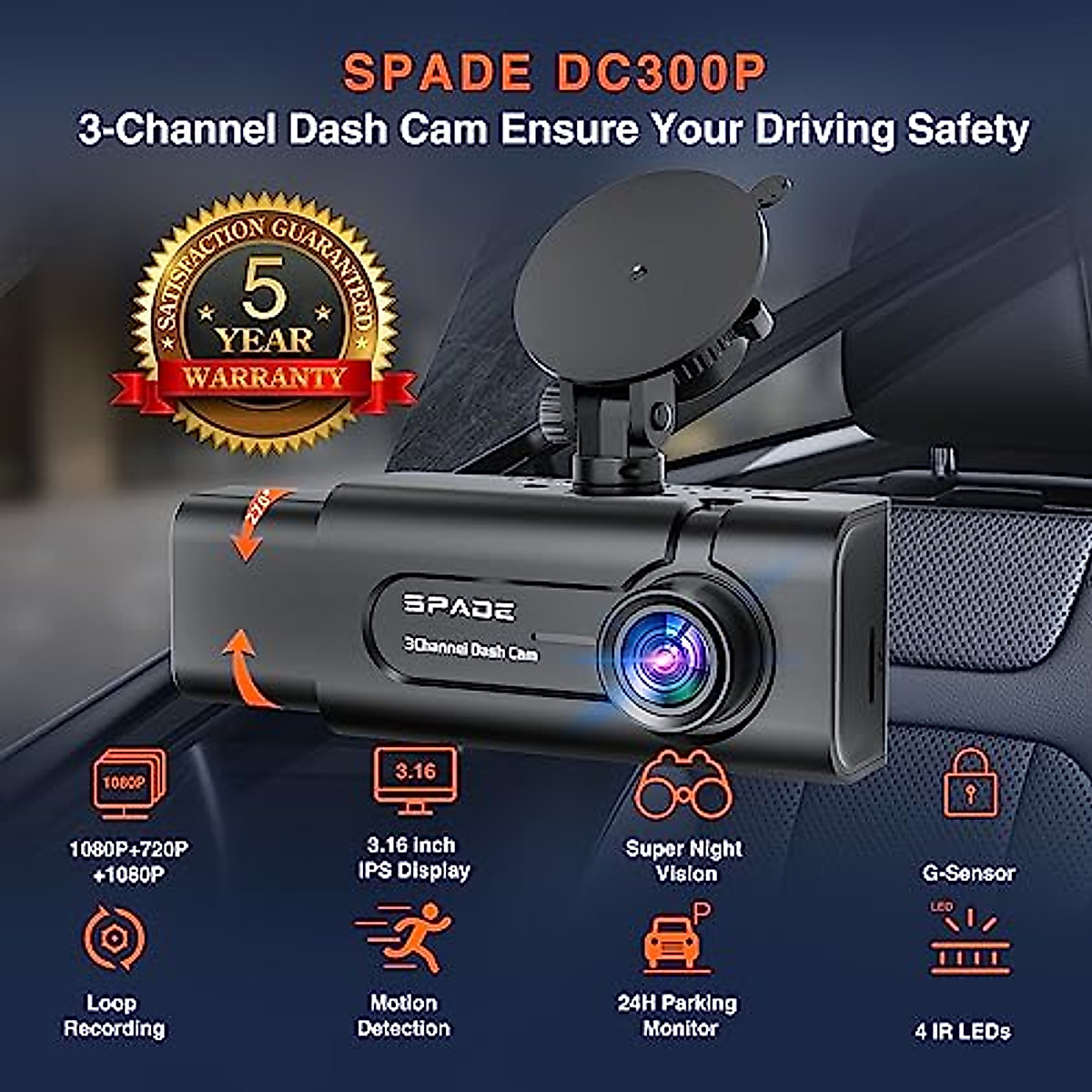 SPADE 3 Channel Dash Cam Front and Rear Inside, 1080P Full HD Dash Camera for Cars, Free 32GB SD Card, 170° Wide Angle, 3.16”IPS Screen, Night Vision, WDR, 24H Parking Mode