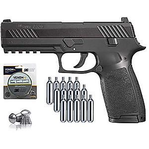 SIG Sauer P320 Airgun .177 Cal 30 Rd with CO2 12 Gram (15 Pack) and 500 Lead Pellets Bundle (Black)
