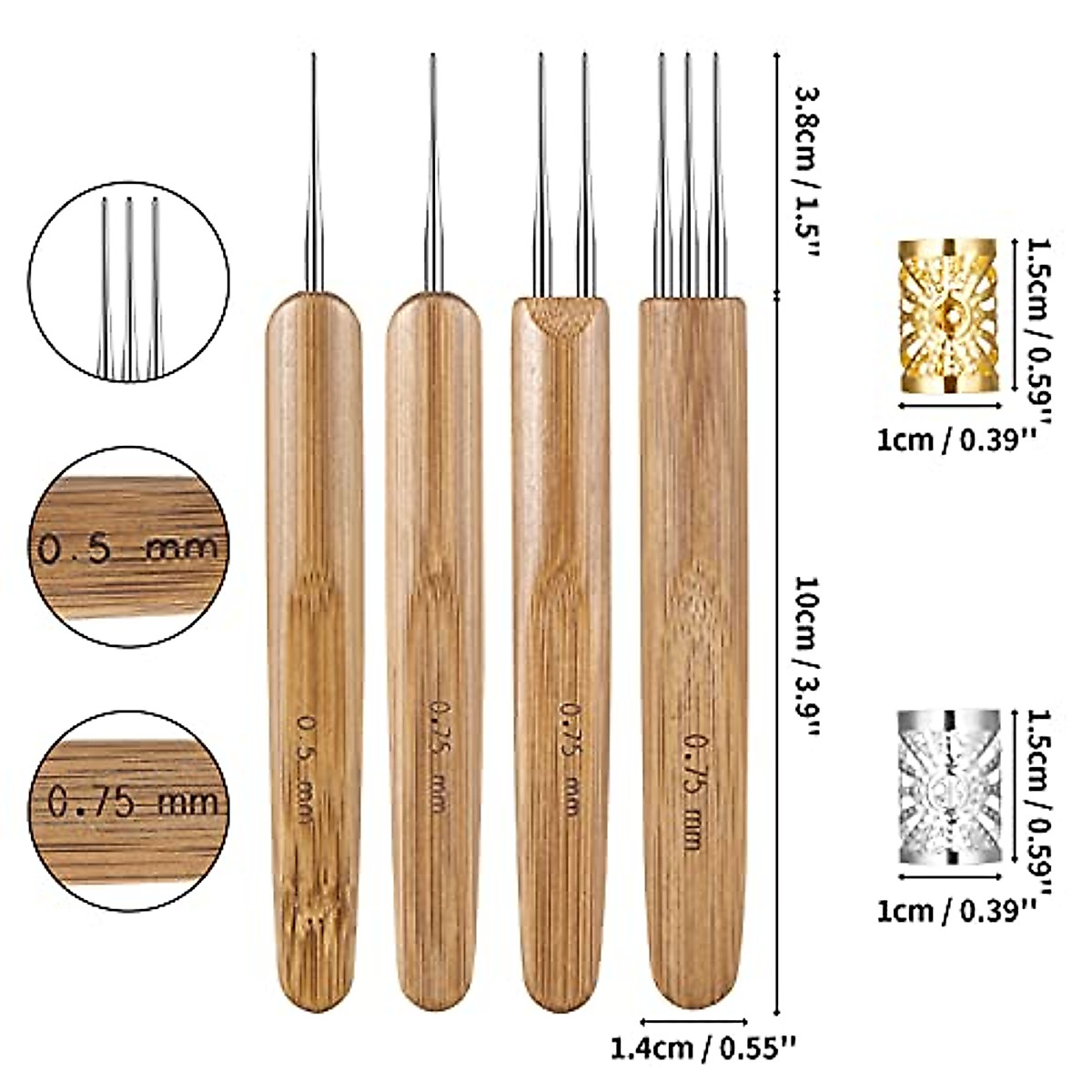 Vodiye Dreadlock Crochet Hook for Hair, 0.5mm 0.75mm Steel Locs Crochet Needle for Hair, Professional Dreadlock Crochet Needle with Bamboo Handle, Dreadlocks Beads Mixed Golden Silver for Braid Craft
