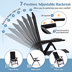 Tangkula Patio Folding Chair Set of 4, Outdoor Dining Chairs with Soft Padded Seat, 7-Position Adjustable Backrest, Armrests, Portable Sling Reclining Chairs for Porch Pool Backyard Camping (4, Black)