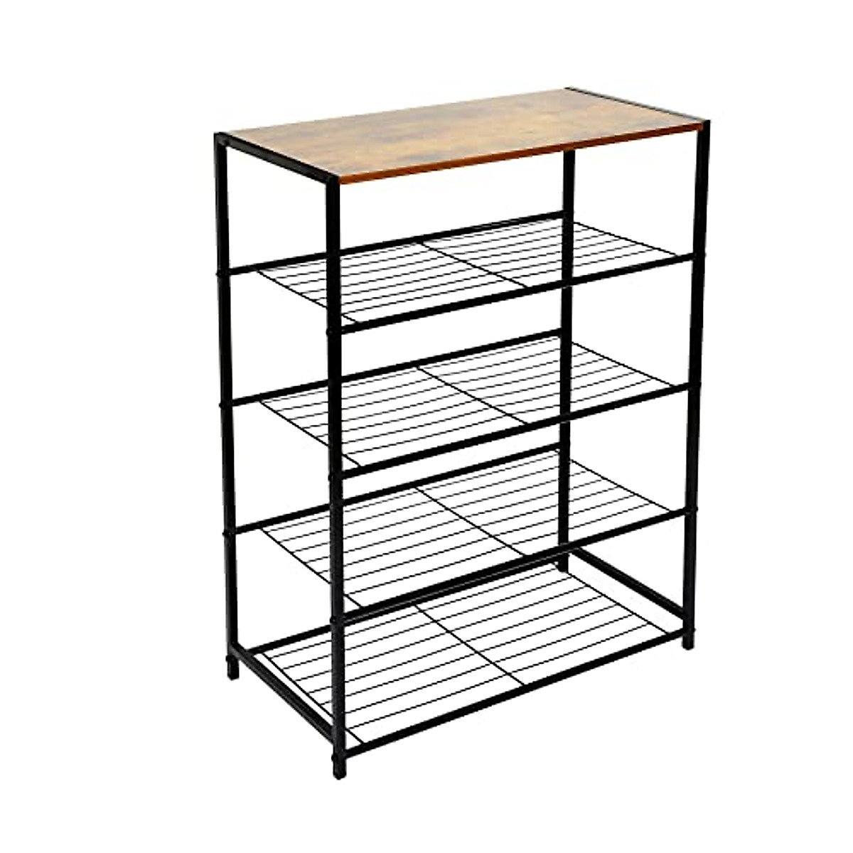 LEEJAY 5 Tier Shoe Rack for Entryway, Freestanding Display Shelf Storage Organizer with 4 Metal Shelves and Top Panel - Rustic Brown