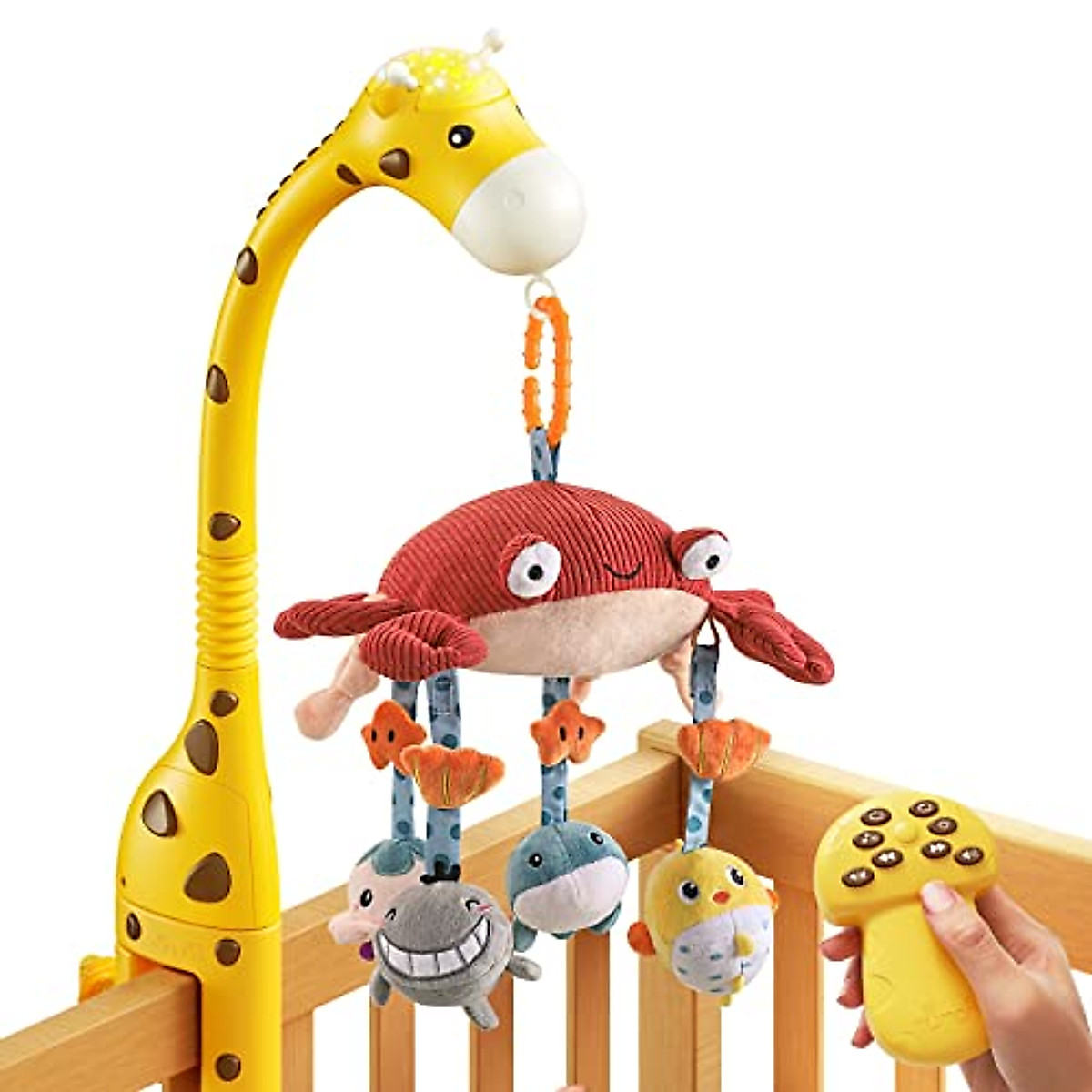 TUMAMA Baby Crib Mobile,3 in 1 Crib Toys with Remote Control,Projection Night Light, Music and White Noise, Mute Spin Motor Nursery Sensory Toys for Infant 0 3 6 9 Month Newborn Xmas Gift