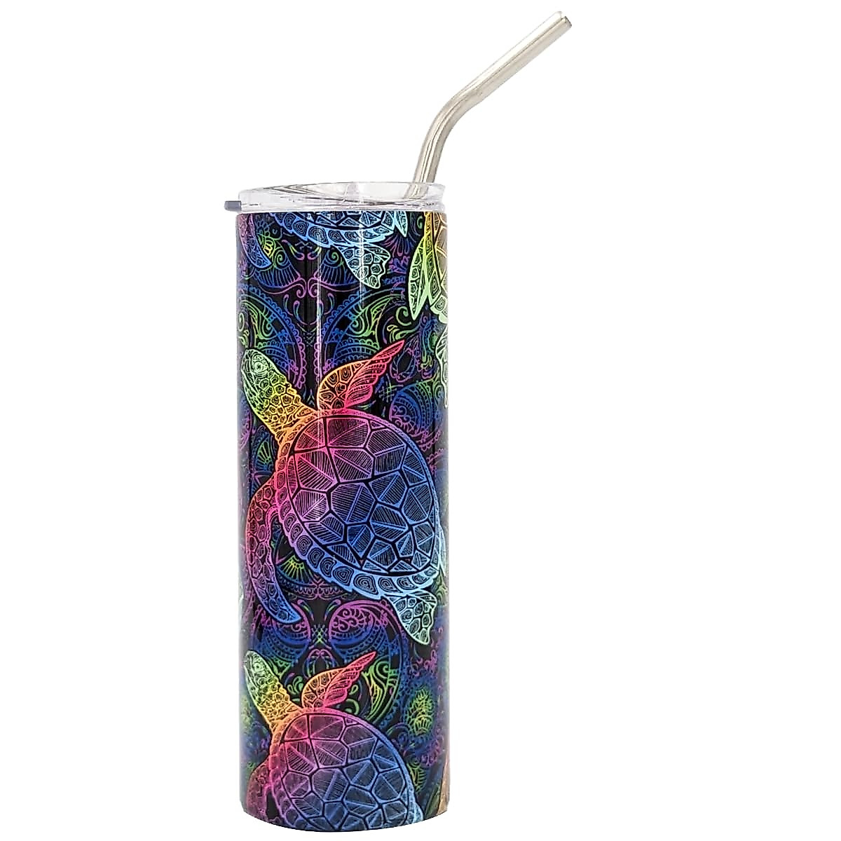 Siesta Drinkware - Personalized 20oz Mermaid and Sea Skinny Tumbler - Silicone Nonslip bottom and Double wall Vacuum Insulated - Stainless Steel (Rainbow Turtles)