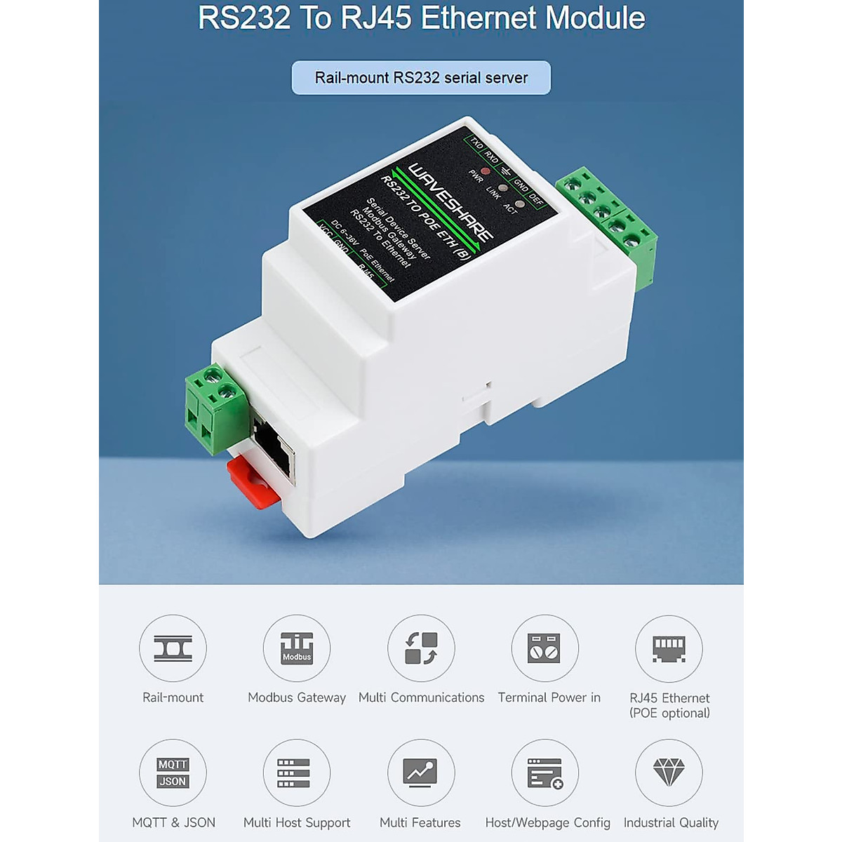waveshare RS232 to POE RJ45 Ethernet Module, Industrial Rail-Mount RS232 Serial Server with POE Funtion, TCP/IP to Serial, Support Modbus Gateway, Bi-Directional Between RS232 and Ethernet