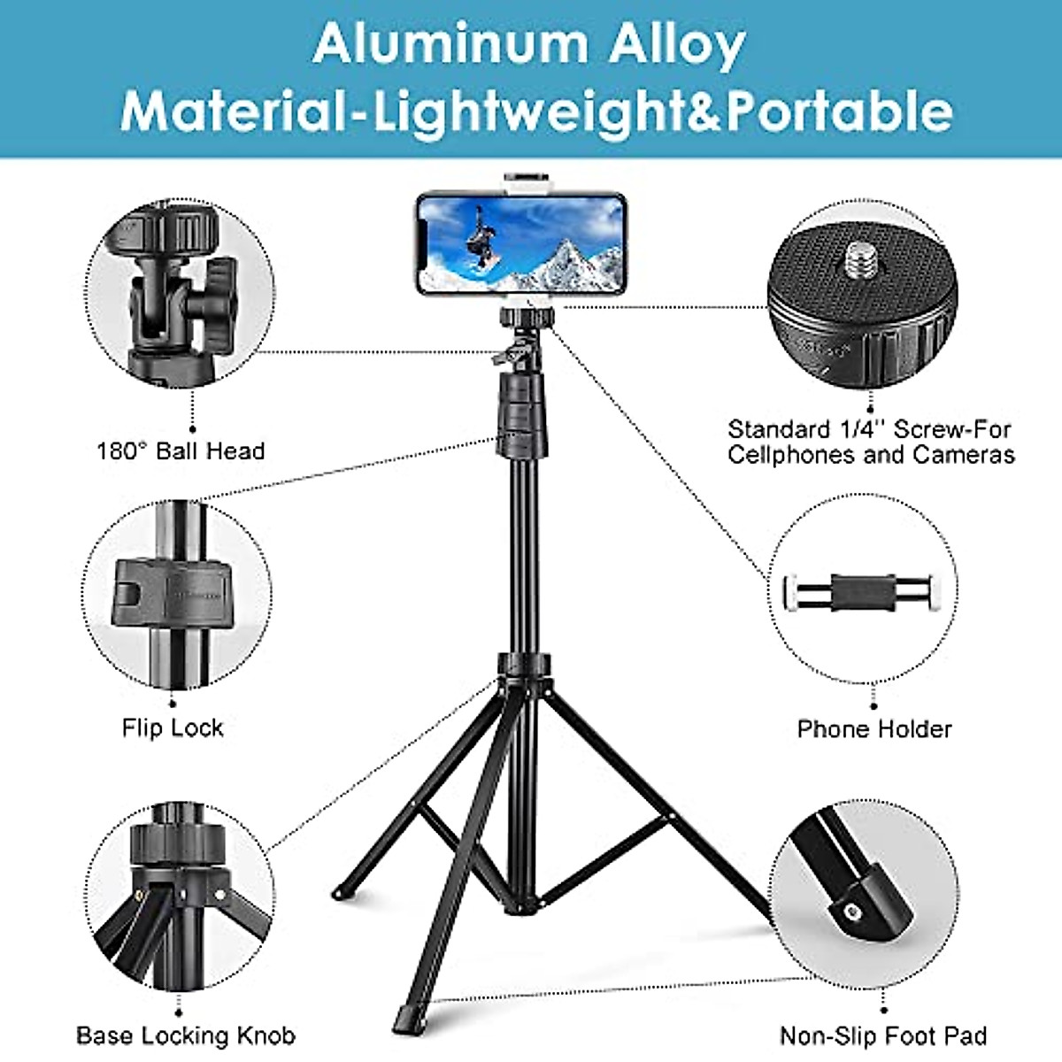 Aureday 67'' Selfie Stick,Phone Tripod Stand with Remote, Cell Phone Stand Tripod with Phone Holder for Vlogging，Recording, Compatible with iPhone&Android Phone/Cameras/GoPro