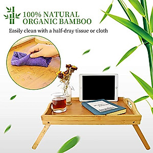 Bamboo Bed Tray,Breakfast Tray with Folding Legs Serving Tray with Carrying Handles Portable Lap Tray Lightweight Decorative Tray Food Tray for Breakfast in Bed,Reading or Working (17.1 Inch).