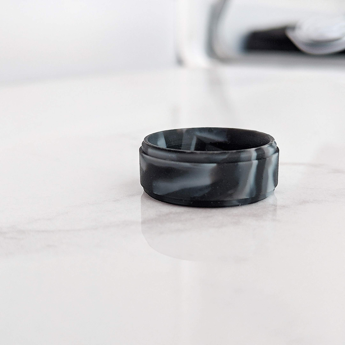 Knot Theory Black Marble Silicone Ring Men - Size 8 Step Edge 9mm Wide Rubber Wedding Band - Gym Workout Weight-Lift Ring