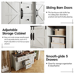 Vabches Farmhouse Sideboard Buffet Cabinet with Storage, Large Kitchen Sideboard Cabinet, Sliding Barn Doors and 5 Drawers, Adjustable Storage Shelves, Coffee Bar Table for Dining Room, White
