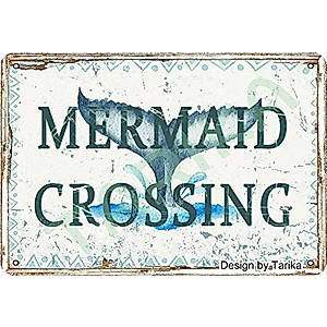 Mermaid Crossing 8X12 Inch Metal Vintage Look Decoration Crafts Sign for Home Kitchen Bathroom Farm Garden Garage Inspirational Quotes Wall Decor