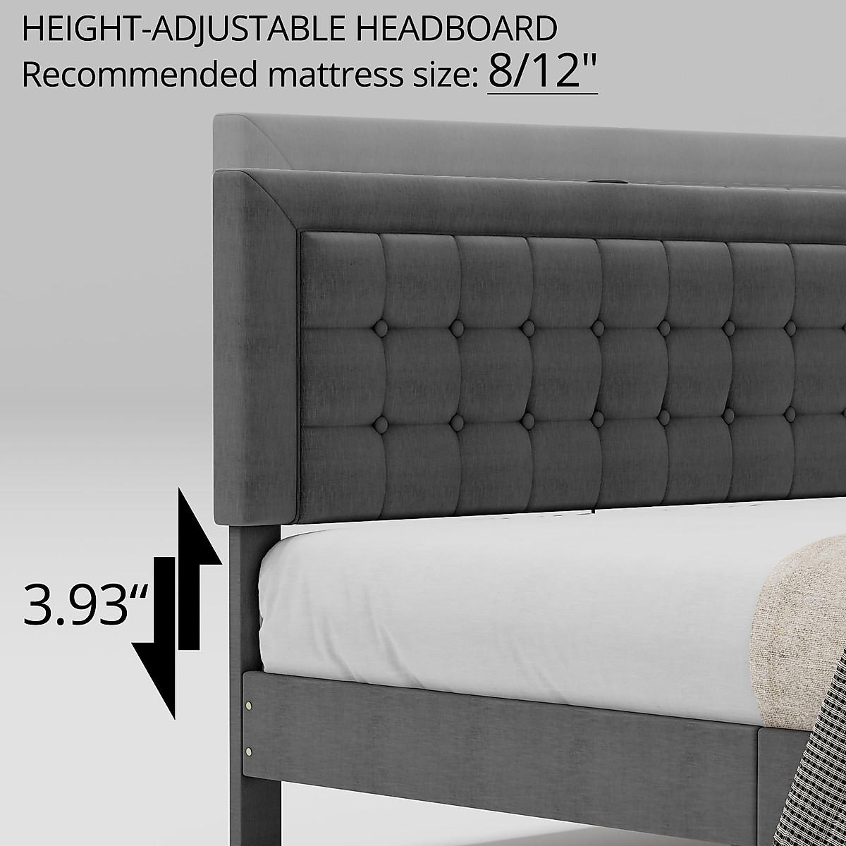 ANCTOR Twin Bed Frame with USB Ports, Platform Bed with Height Adjustable Upholstered Headboard, Heavy Duty Steel Support Legs, Easy Assembly, No Box Spring Needed, Grey