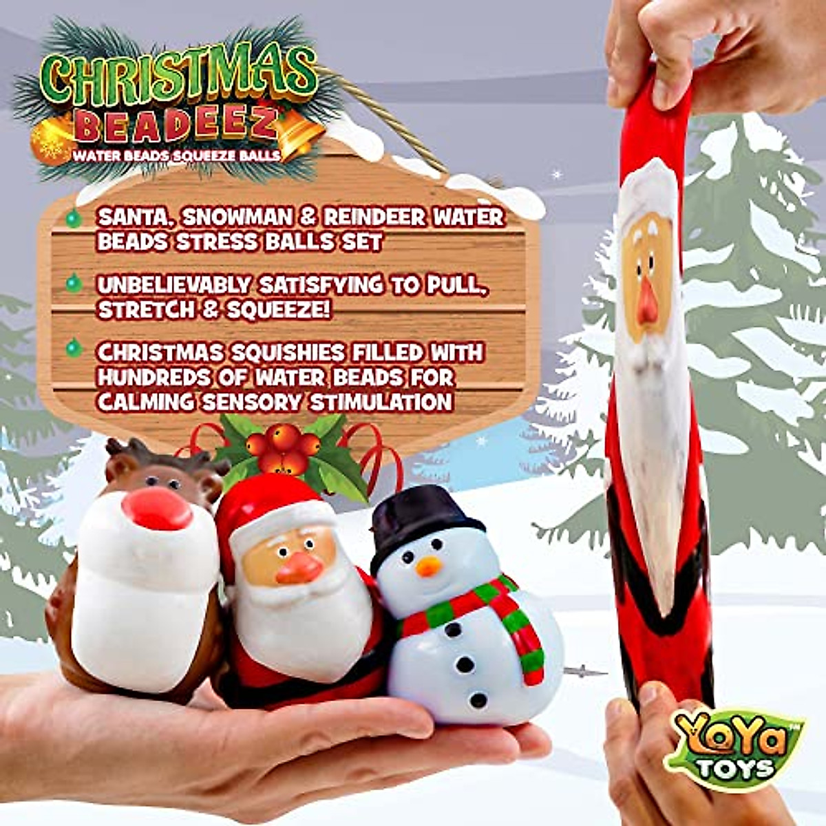 YoYa Toys Christmas Squishies Beadeez - Water Beads Squeeze Balls for Anxiety & Stress Relief, Focus, & Relaxation, Slow Rising Toys for Kids & Adults, Great Gift, 3-Pack Holiday Squishes Set