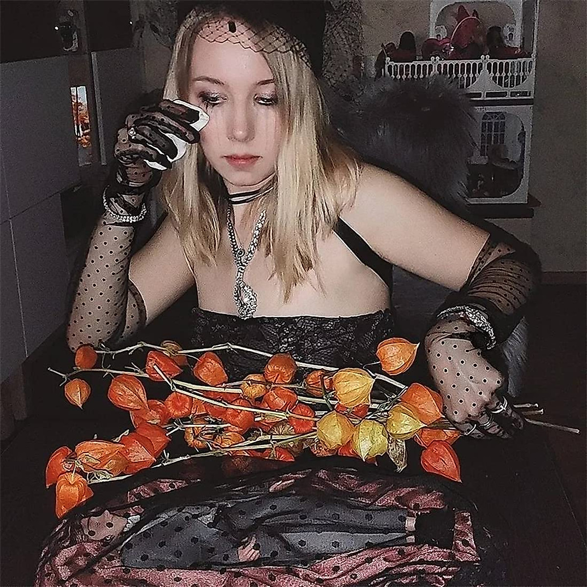 Mrotrida Women's Tulle Polka Dot Long Opera Party Wedding Bridal Gloves - Black