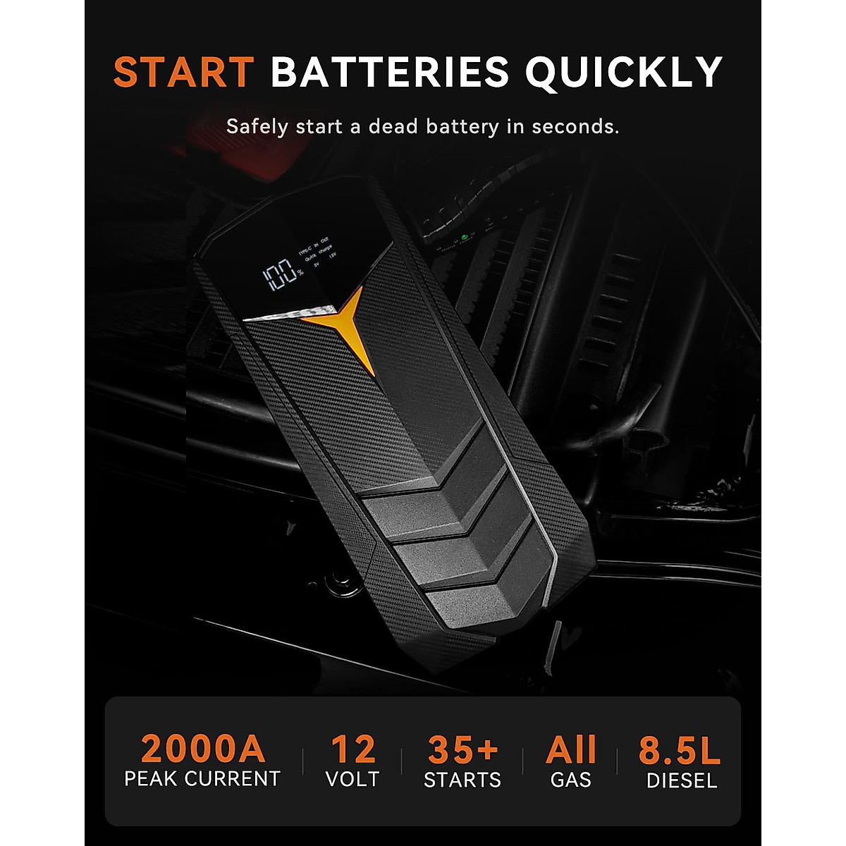 SUNPOW Lithium Jump Starter Battery Pack 2000A Peak 20000mAh (Up to All Gas and 8.5L Diesel),12V Battery Booster for Cars, Trucks, SUV, Portable Power Pack with LCD Screen & LED Light