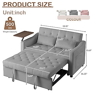 Antetek 3 in 1 Convertible Sofa Bed w/360° Rotating Side Table, 53" Modern Velvet Loveseat Sofa, Sleeper Pullout Bed w/Adjustable Backrest for Living Room Apartment, Office, Small Space, Grey