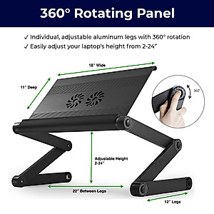 WorkEZ Executive Adjustable Laptop Stand with 2 Fans 3 USB Ports Ergonomic Aluminum Lap Desk for Bed Couch tray holder folding height tilt angle cooling cooler portable desktop riser black