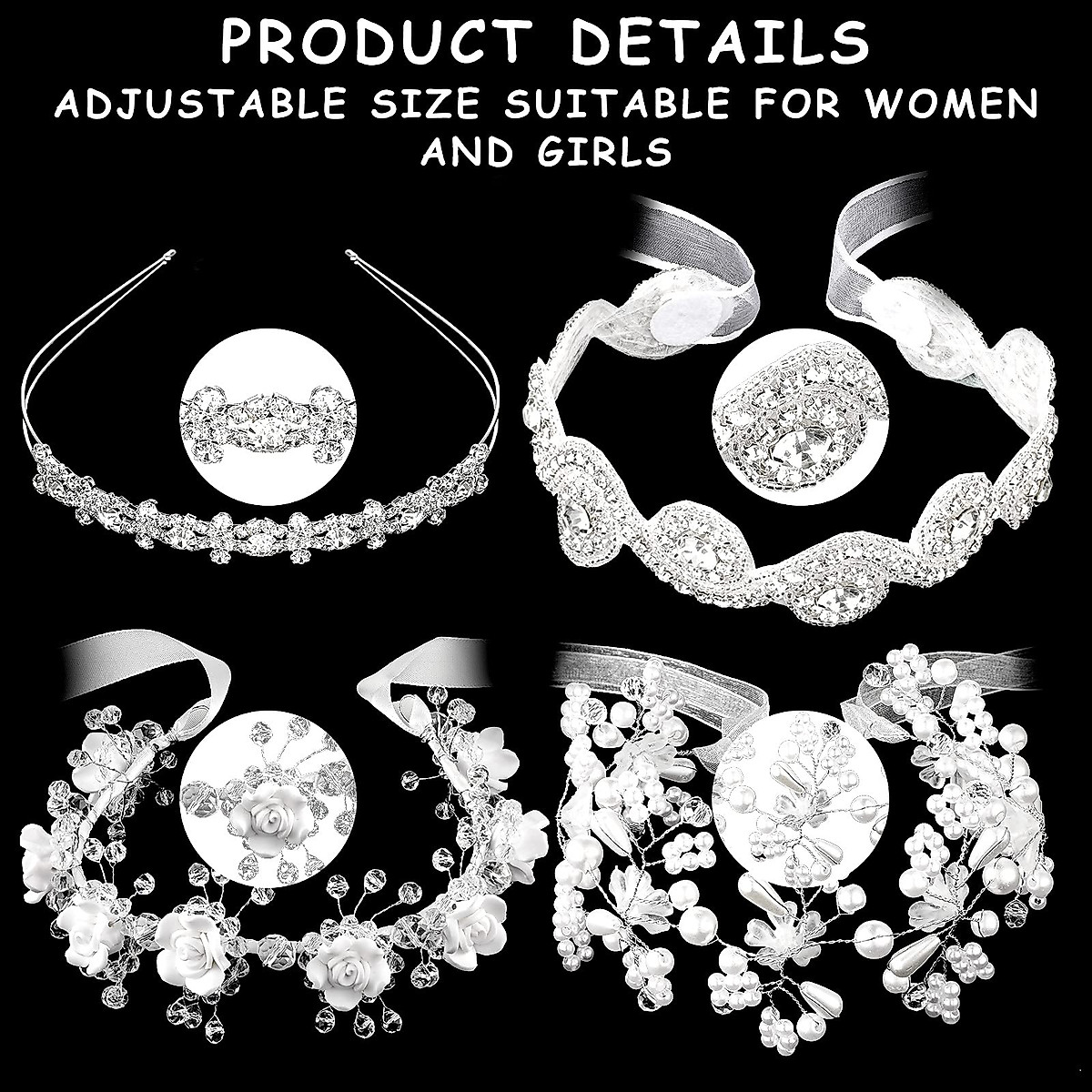 4 Pieces Flower Girl Headpiece Princess White Wedding Hairband Pearls Rhinestone Headdress for Women Girls Photography