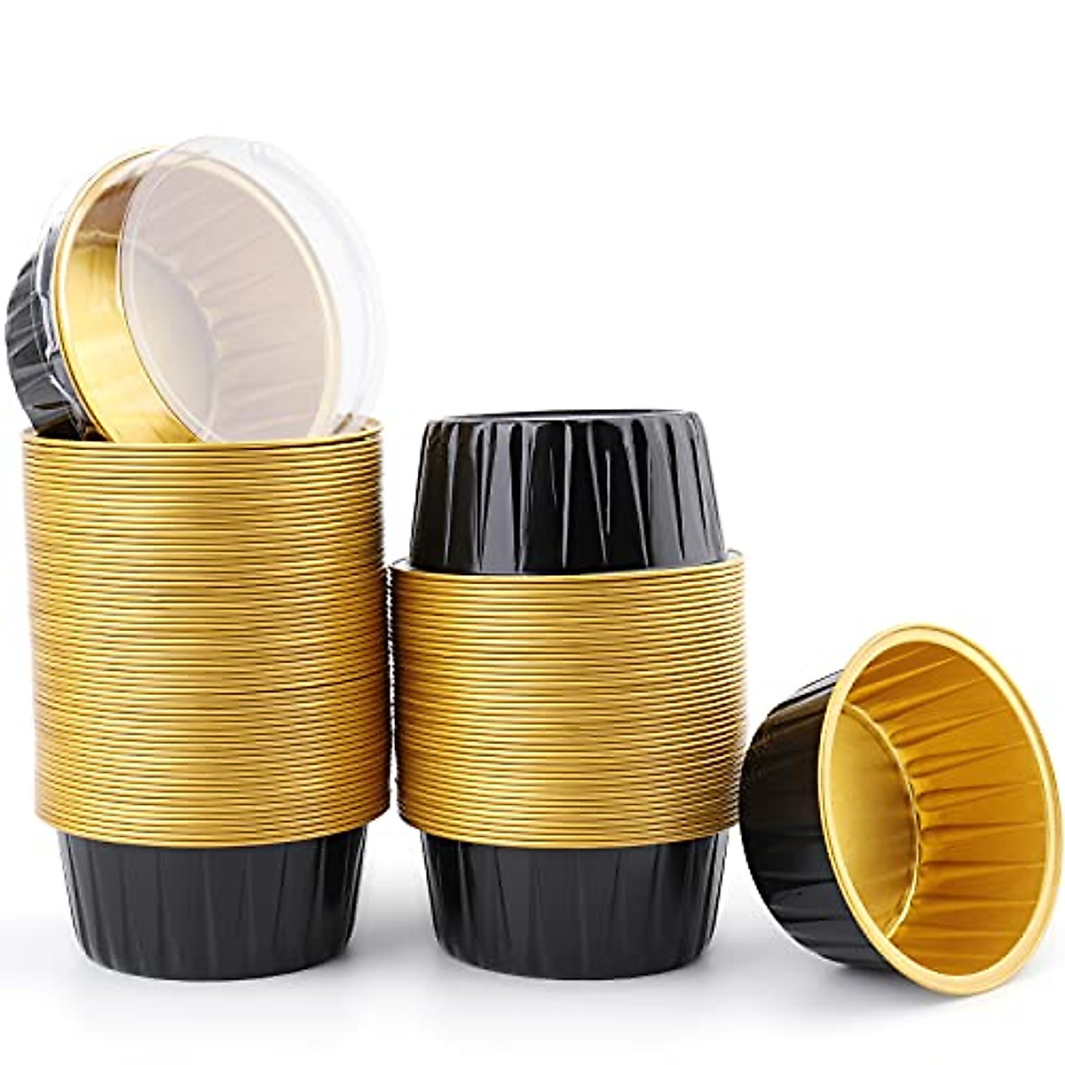 DEAYOU 100 Pieces Aluminum Foil Baking Cups with Lids, 5oz Disposable Ramekins Muffin Cups, 3" Cupcake Foil Liners Tart Pie Tin Pan Holder for Pudding, Souffle, Party, Wedding, Black Gold Color