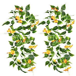 Dolicer Artificial Morning Glory Flower Vines 2pcs 15Feet Morning Glory Hanging Green Plants Silk Garland Greenery Garland Morning Glory for Wedding Garden Wall Fence Home Decor Yellow-Orange